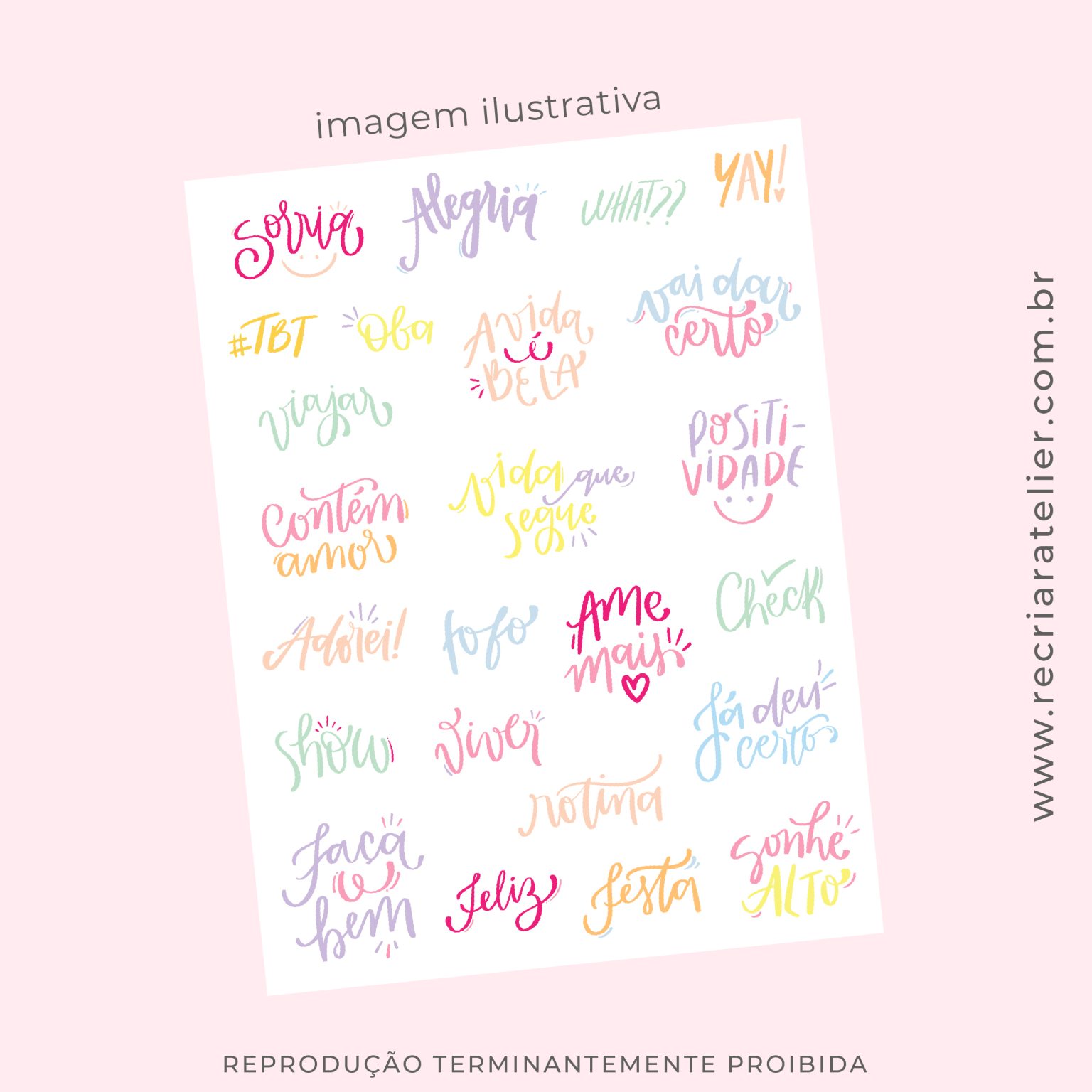 Cartela de adesivo decorativo: Lettering – Recriar Papelaria Artesanal